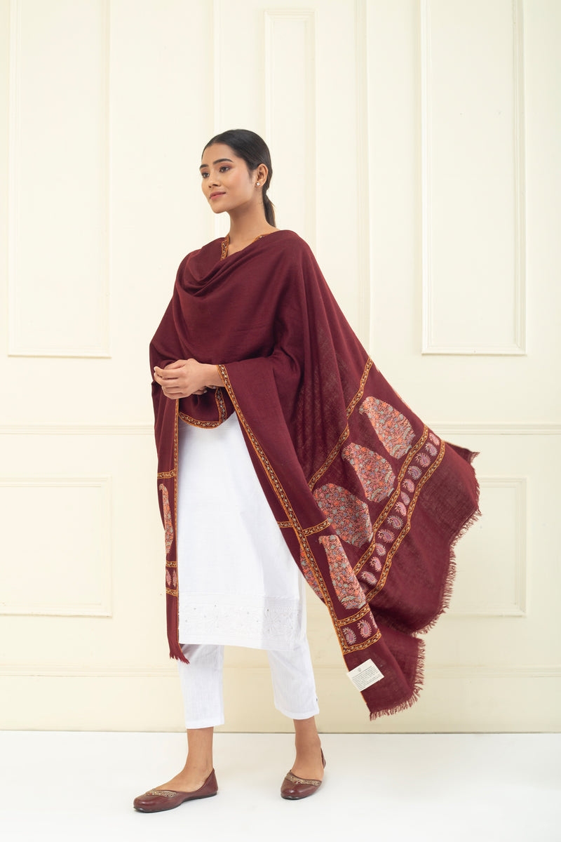 Gul-e-Lala Maroon Paldar Paisley Sozni Embroidered Pashmina Shawl ...
